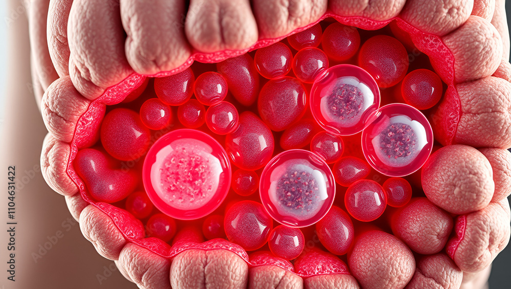 Detailed rendering of human fat tissue illustrating adipocytes ...