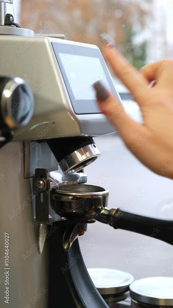 The barista makes coffee, grinds coffee in a coffee grinder, pours ...