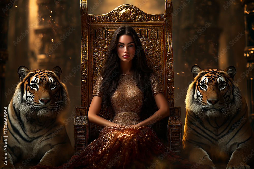 Foto de Beautiful ancient Egyptian queen goddess sitting on a golden ...