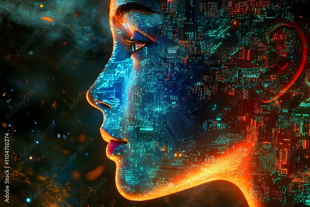 Abstract side profile of a human face, intricately designed using ...