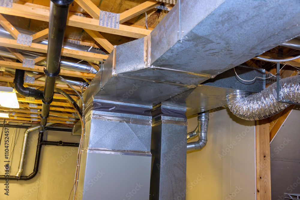 Metal ductwork is residential basement, displaying well organized HVAC ...