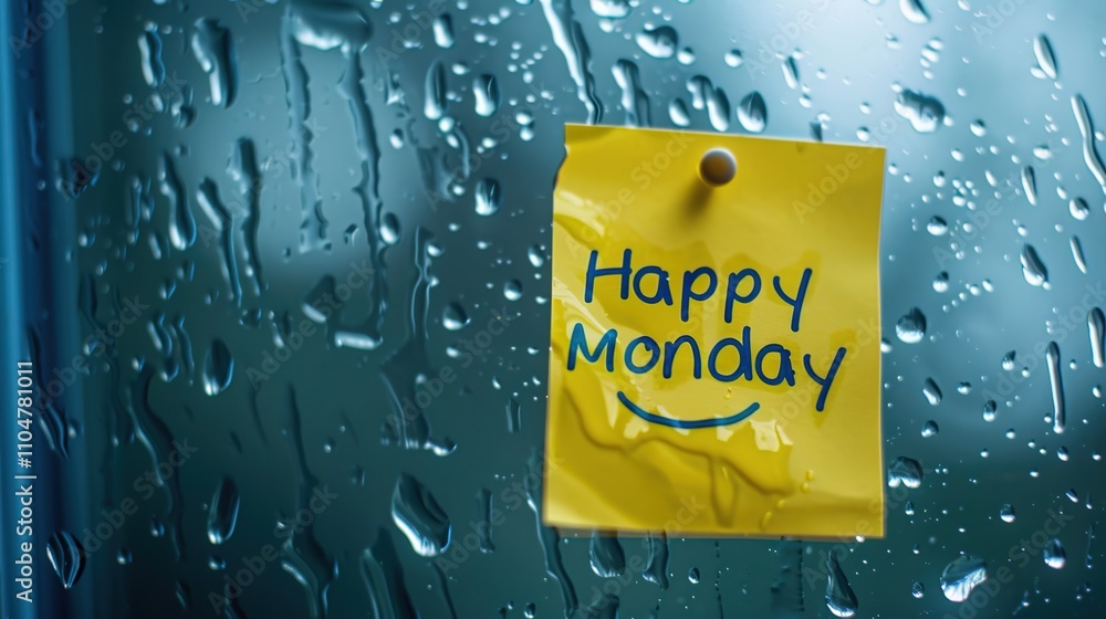 Yellow sticky note with text "Happy Monday" and a smiley face, rain and ...