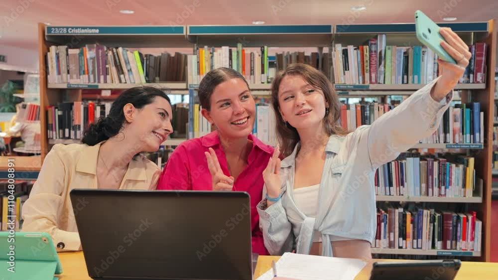 Three cheerful young women taking a selfie in a library, surrounded by books, laptops, and study ...