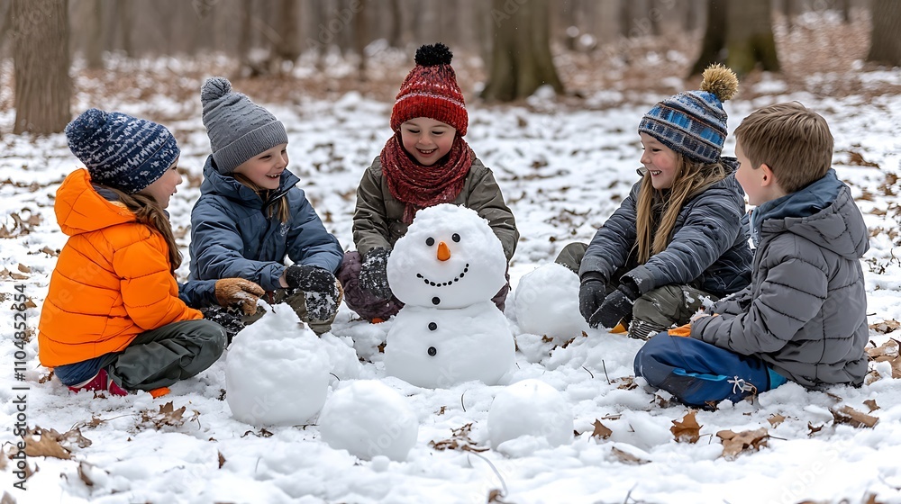 Snowman with a red scarf and top hat surrounded by kids building more ...