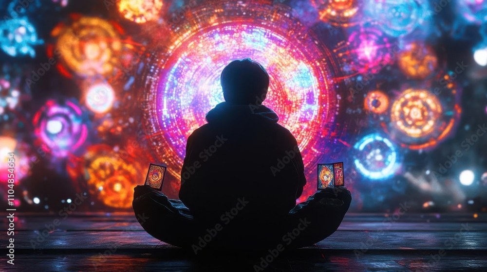 A cyber-mystic oracle, back to viewer, celestial backdrop, casting ...