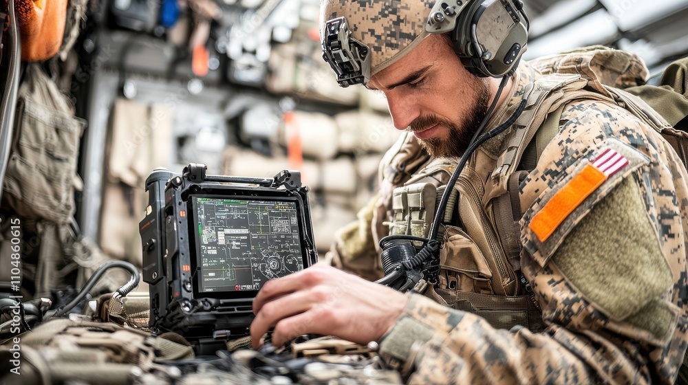 Soldier operates advanced long-range control system military base ...