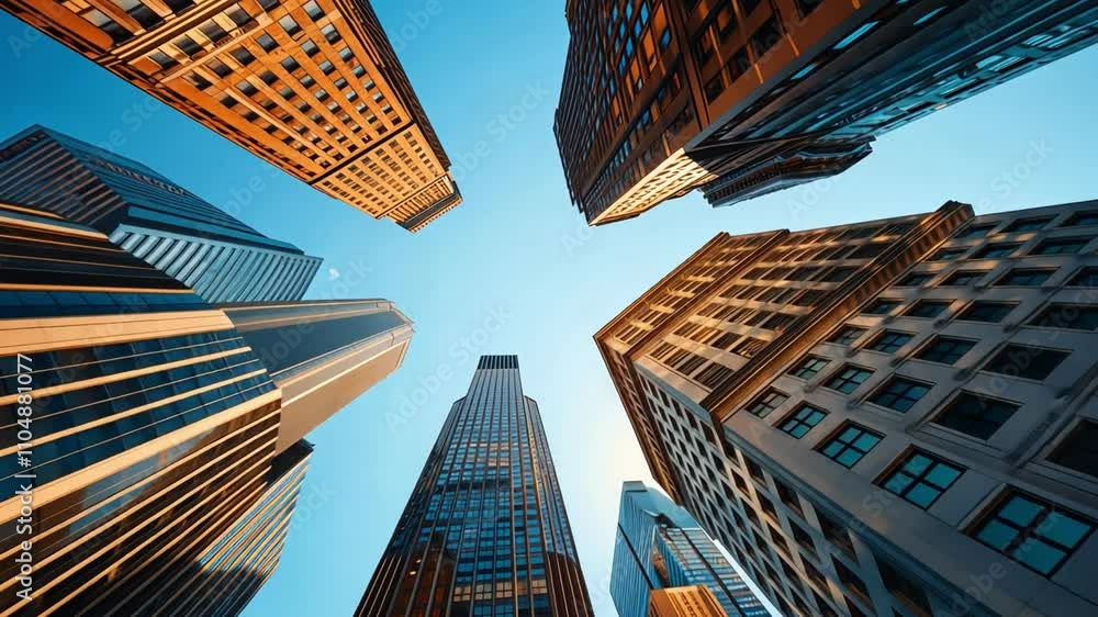 A stunning view of skyscrapers towering against a clear blue sky ...