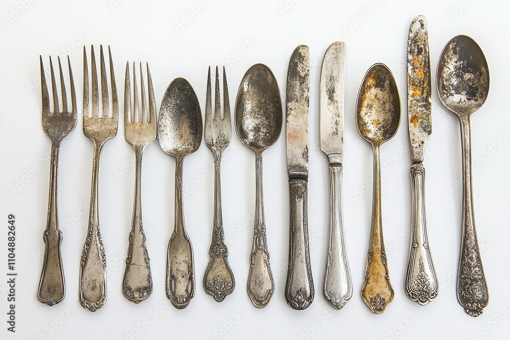 Worn and Tarnished Silverware Set - Antique flatware, aged silver ...