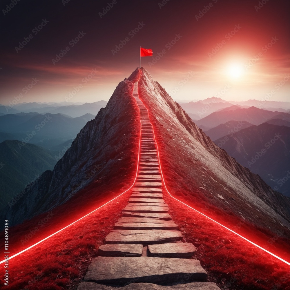 glowing path, success concept, mountain peak, flag on summit ...