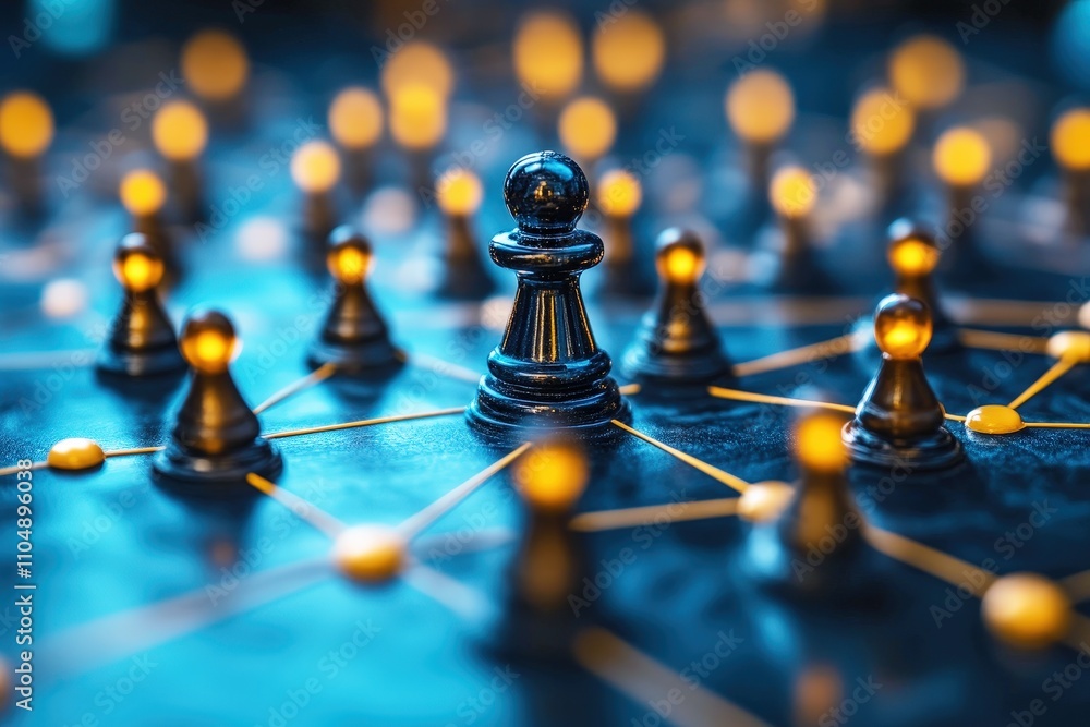 Black pawn chess piece at center stage illuminated by glowing lights in ...