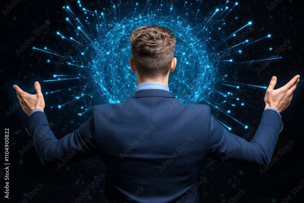 A tech conference stage with a presenter showcasing visualized data ...