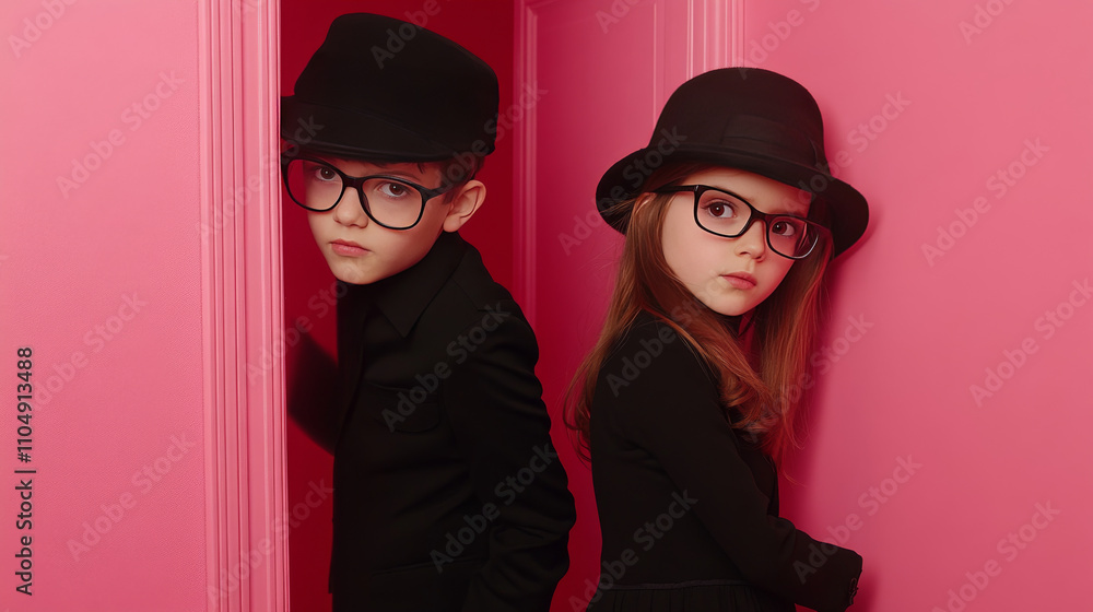 Cute happy children play spymaster game - teen boy tiptoeing down ...