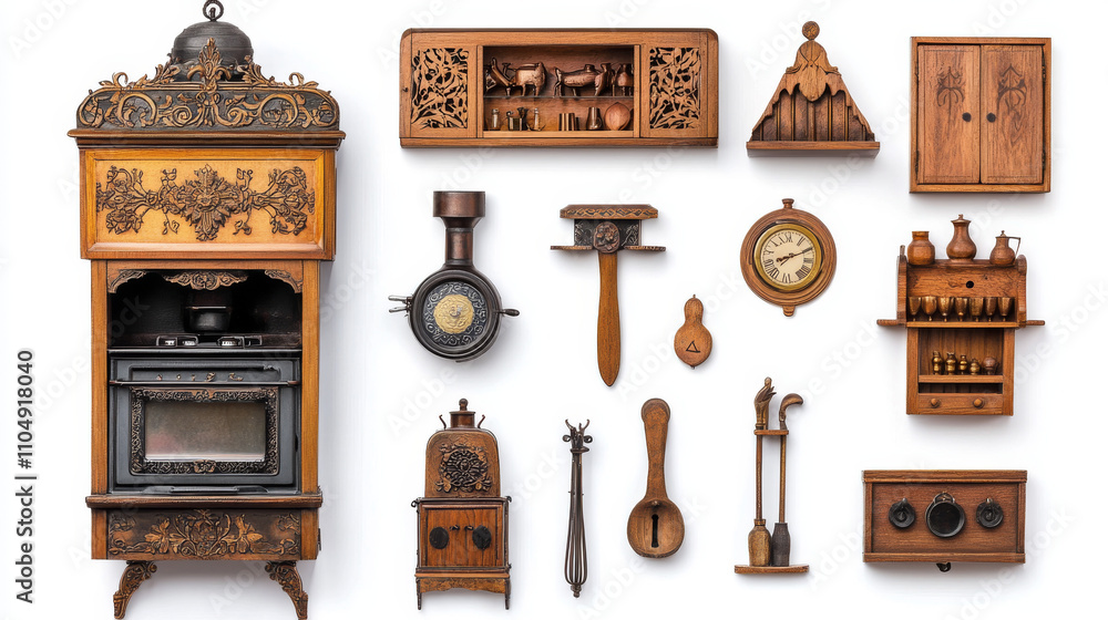 Interior elements of old russian kitchen with oven, samovar, cuckoo ...