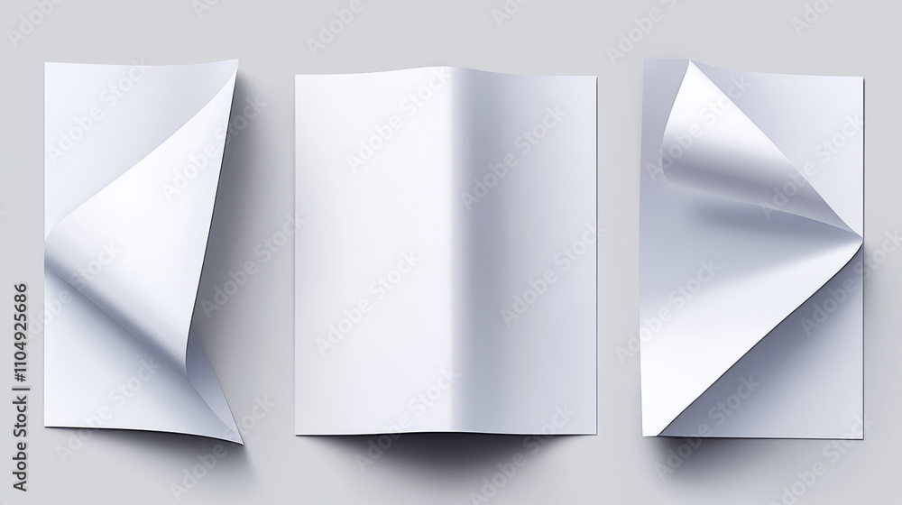 Tri fold white empty leaflet mockup in different angles of view. Open ...