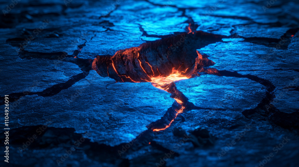 Magic blue floor crack with light. Dark lava fire glowing texture. Realistic earthquake disaster ...