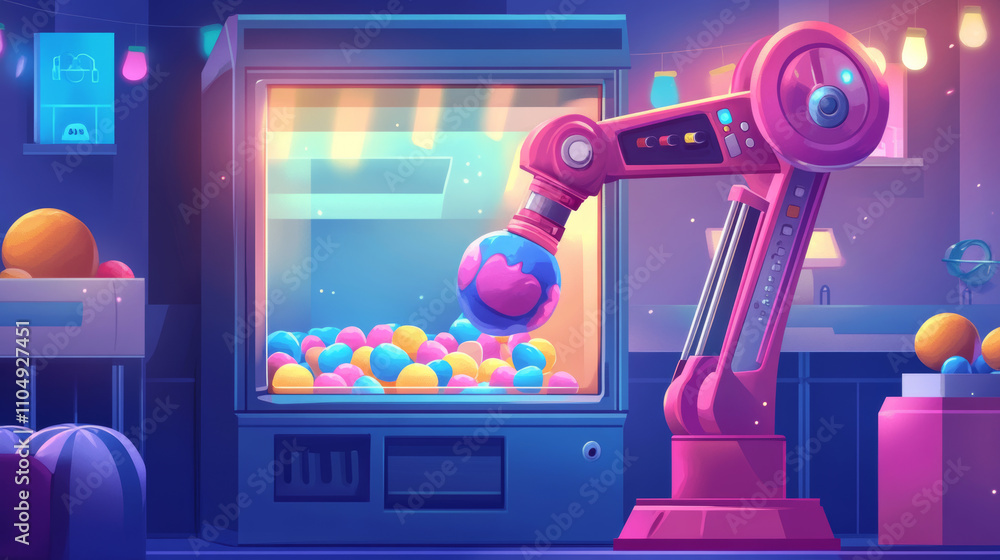 Grabber slot machine robotic claw with plush toys. Vending arcade game ...