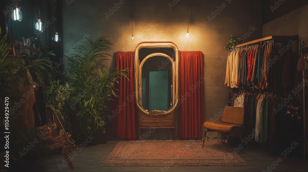 Clothes store fitting room interior with wardrobe cabins closed with ...