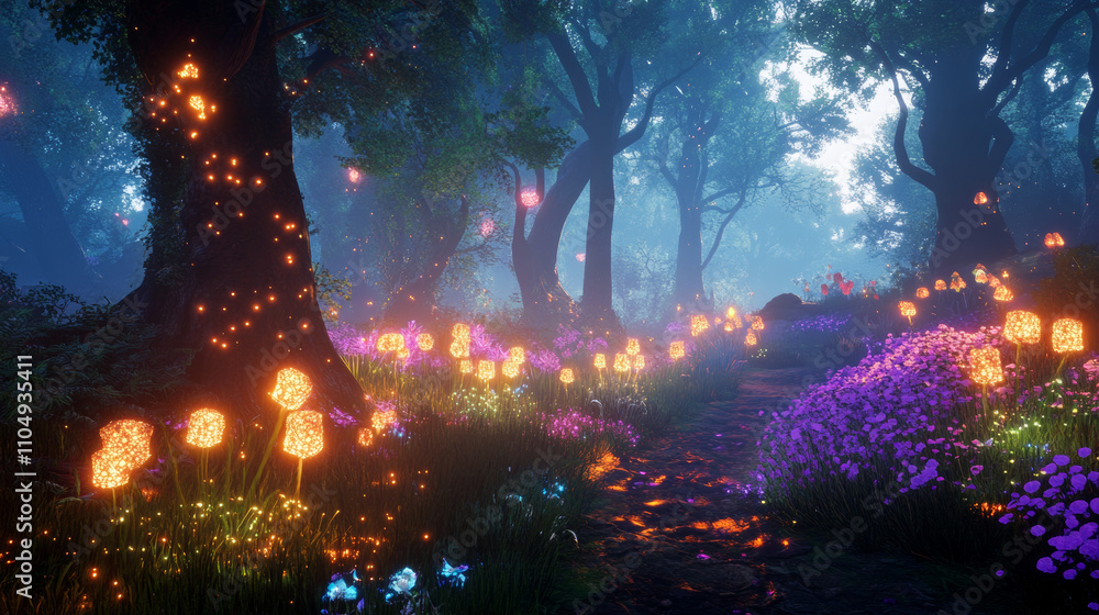 Magic forest with fantasy glowing flowers and plants. Cartoon vector ...