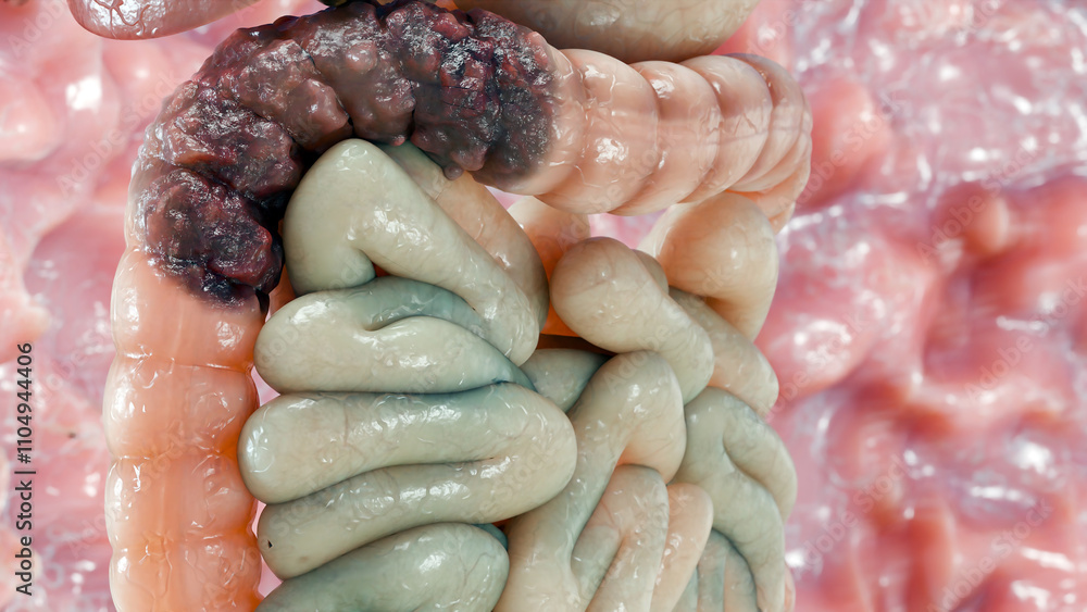 Colorectal cancer, malignant tumor in intestine, Endoscope inside ...