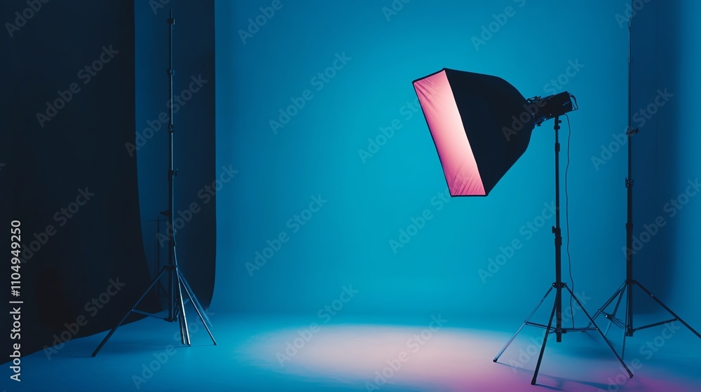 Two studio lights with softboxes set up in front of a blue background ...