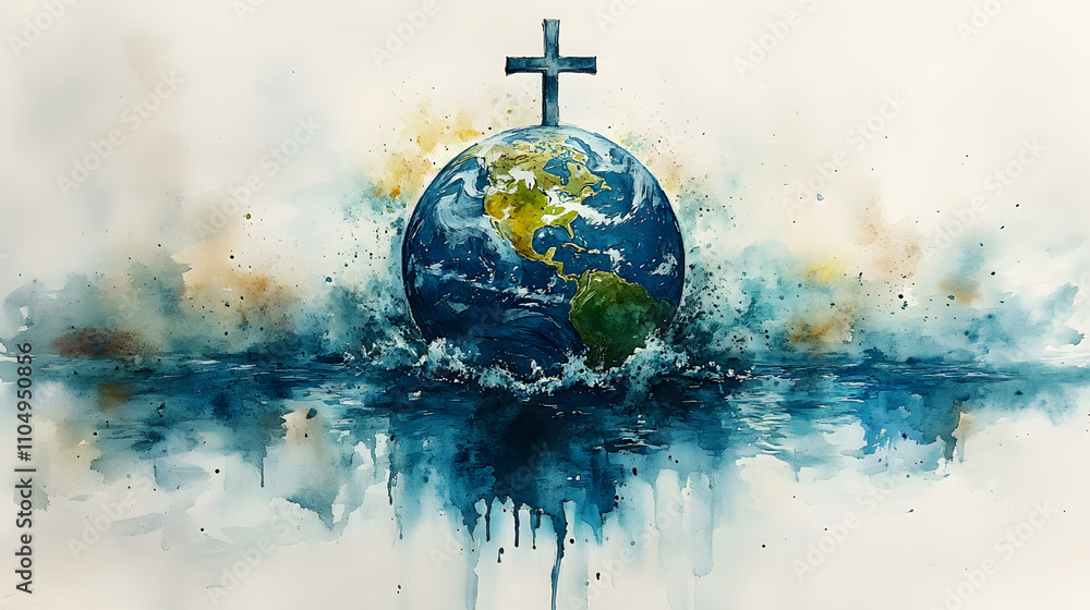 Watercolor painting of the Earth with an elegant cross superimposed on ...