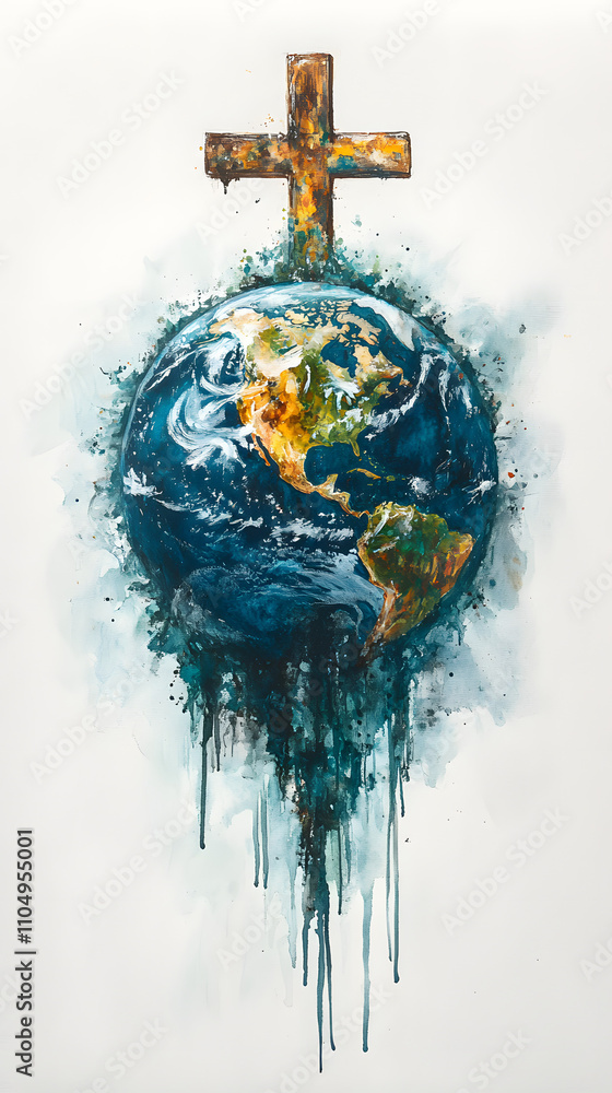 Watercolor painting of the Earth with an elegant cross superimposed on ...