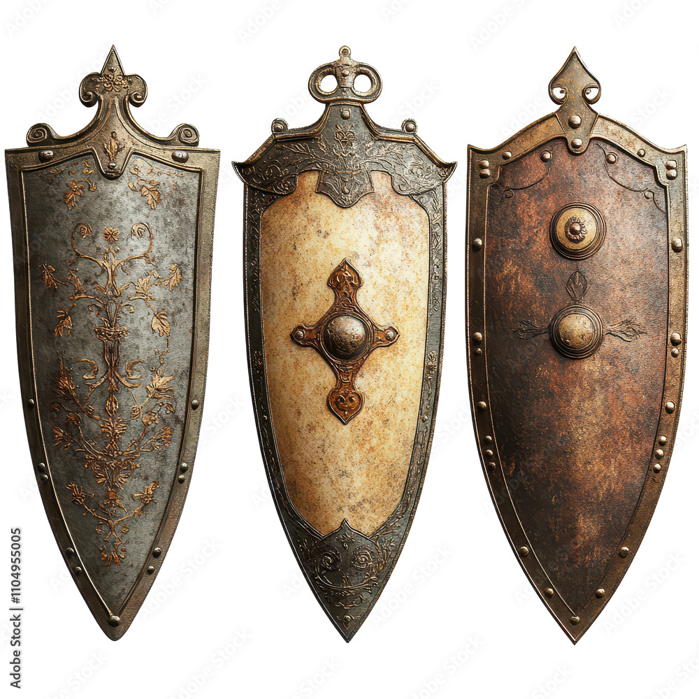 Ornate ancient shields on a transparent background highlight historical ...