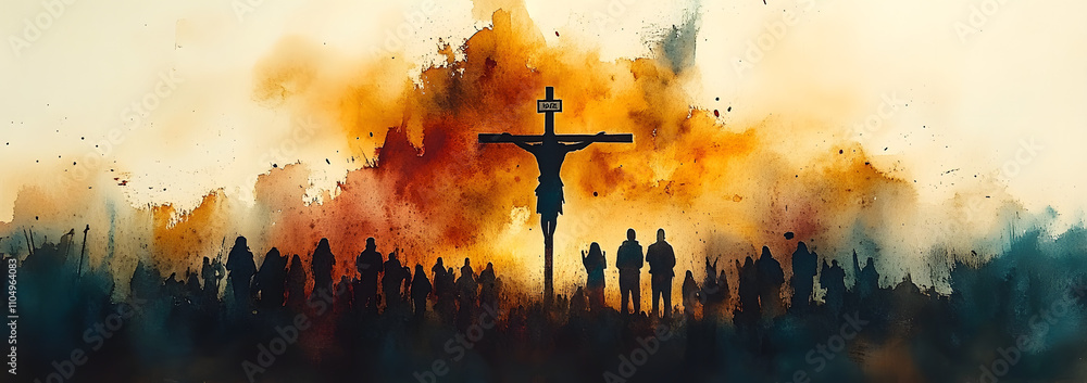 Watercolor silhouette of Jesus on the cross with people praying in ...
