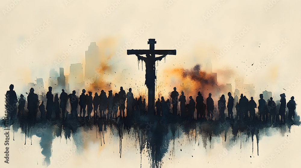 Watercolor silhouette of Jesus on the cross with people praying in ...