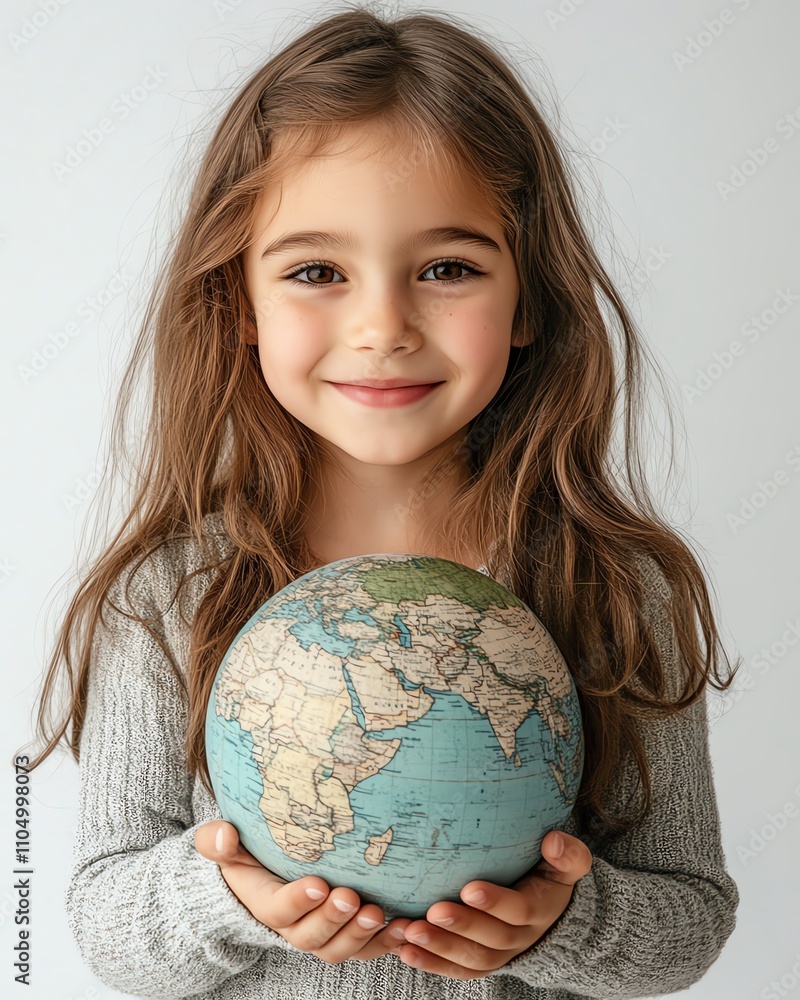 Young girl with a globe in her hands, standing in front of a pure white ...