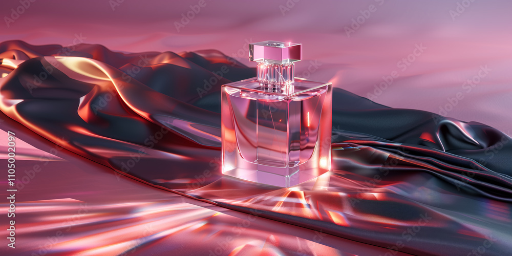 A luxury perfume bottle on an elegant surface, surrounded by an ...