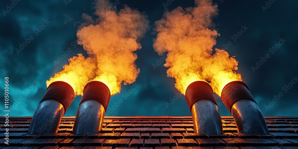 Chimneys release vibrant flames against a dark sky, showcasing a ...