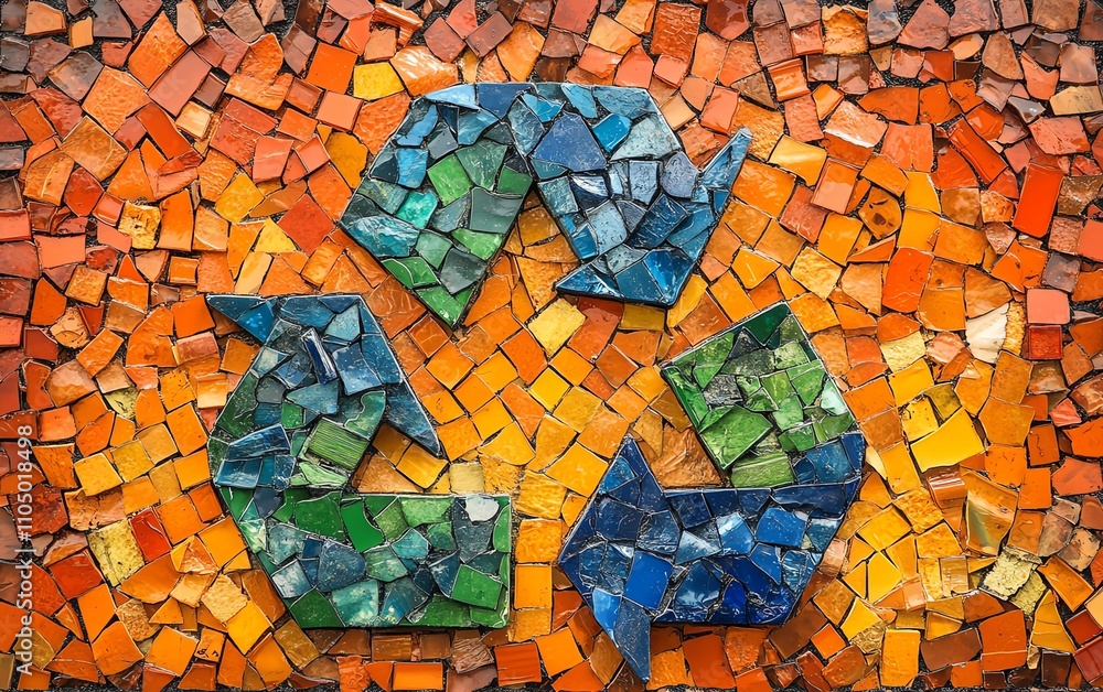 A vibrant and colorful recycled glass mosaic of the recycling symbol on ...