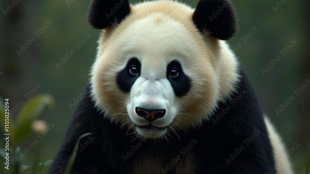 Create a captivating close-up of a giant panda, focusing on its black ...