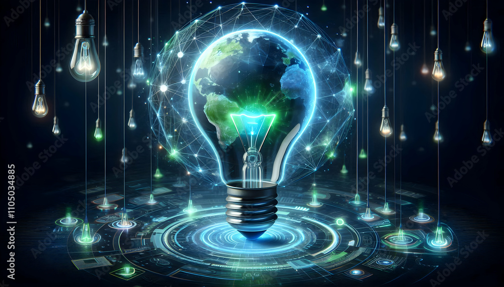 Bulb idea A futuristic light bulb with neon blue and green illumination ...