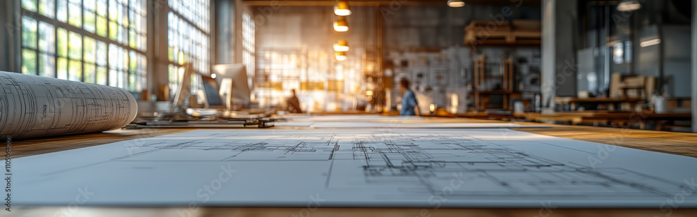 large architectural drawing table filled with rolled-out technical ...