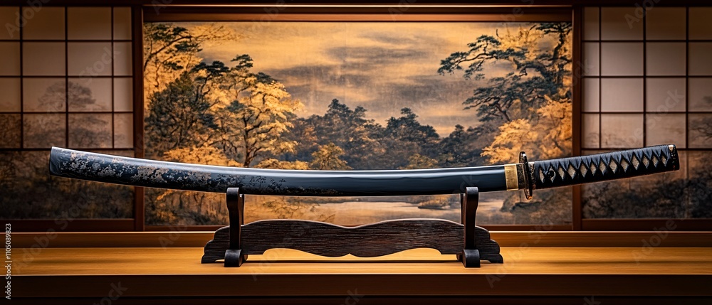 Legendary katana showcased on a stand in a Japanese home, with a ...
