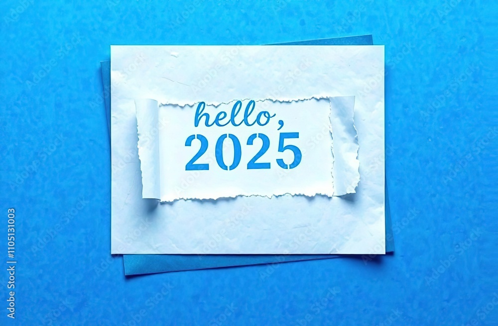 Hello, 2025, written on a torn piece of paper on a blue background. The ...