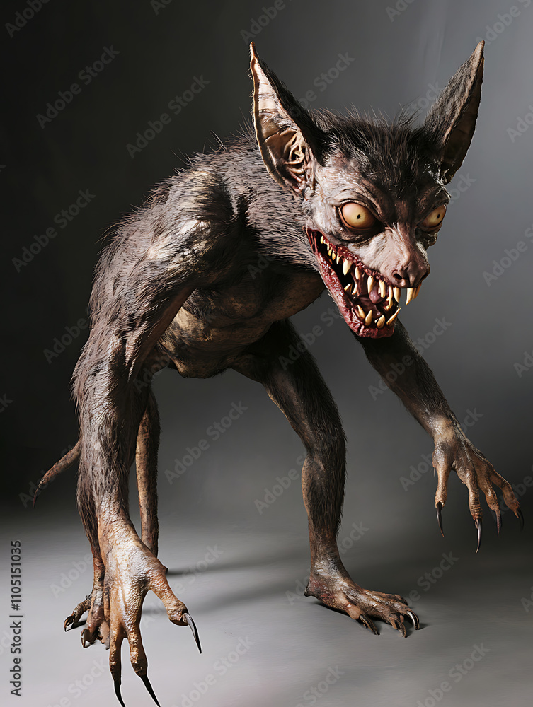 Realistic chupacabra creature with sharp claws and fierce expression, showcasing its menacing ...