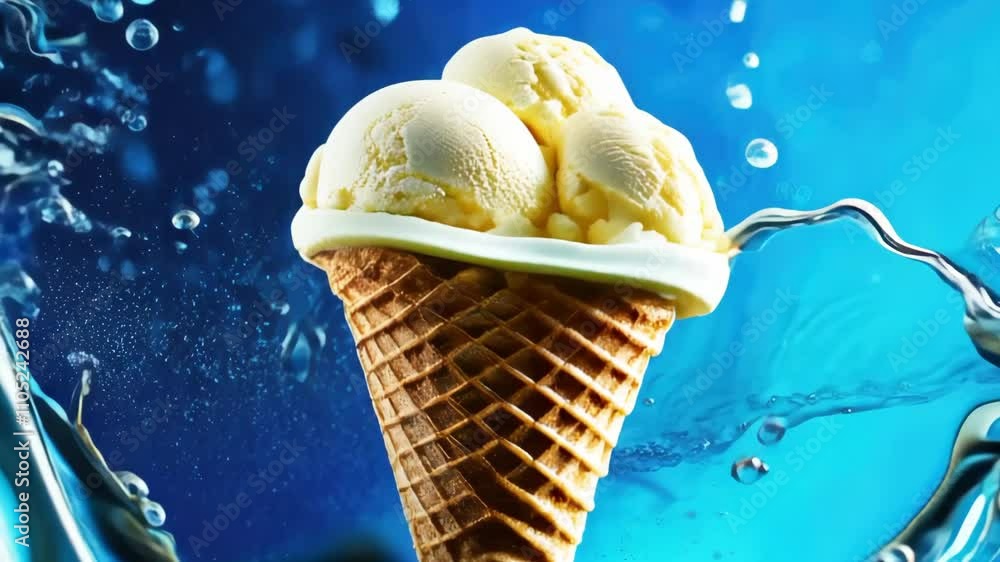 Animated waffle ice cream cone falls with a splash into the blue water ...