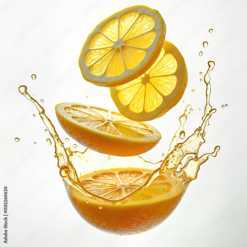Fresh lemon slices levitate in mid-air amidst splash of juice against white background. Vibrant ...