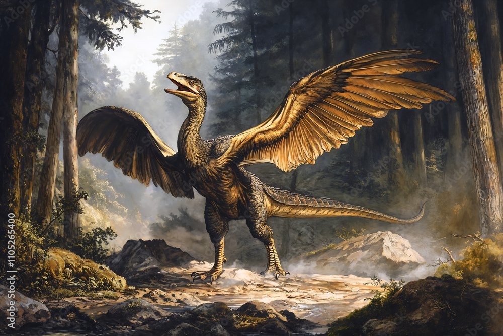 Fictional Feathered Dinosaur in Prehistoric Forest. Detailed ...