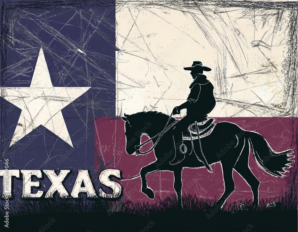 Silhouetted cowboy riding a horse. tattered lone star flag backdrop ...