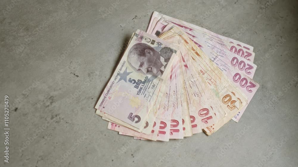 Turkish banknotes, including 5, 10, 50, and 200 lira denominations, are ...