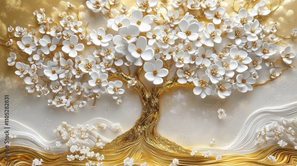 Poster 3D floral tree art with white blossoms, golden branches – Wall ...