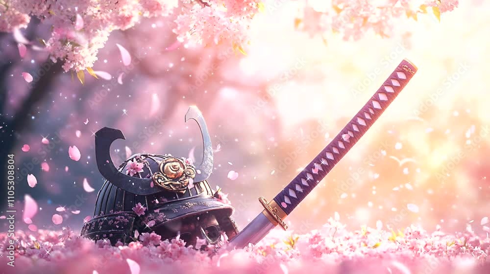 Samurai Helmet and Katana in Cherry Blossom Shower - Japanese Warrior ...