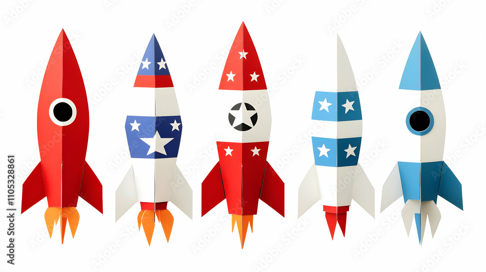 Five Paper Rocket Models with Red, White, and Blue Designs, Decorated ...