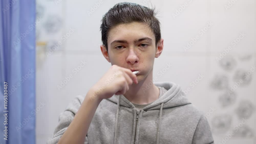 Teenager boy with acne on face brushing teeth in morning. Adolescent ...