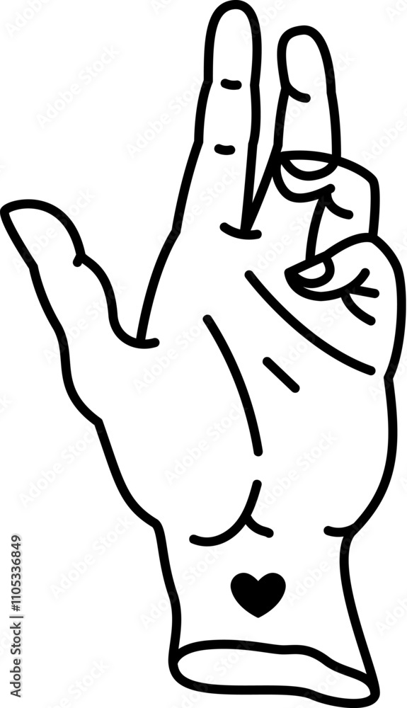 Y2k line art hand making a symbolic gesture with a small heart tattoo ...