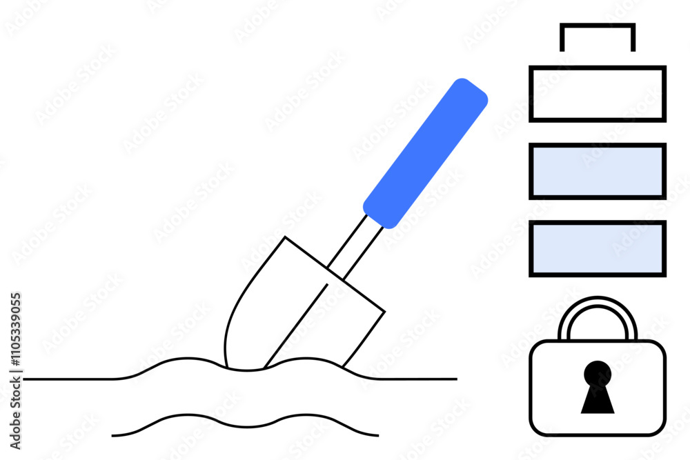 Shovel digging ground, blue-handled beside three stacked data layers in ...